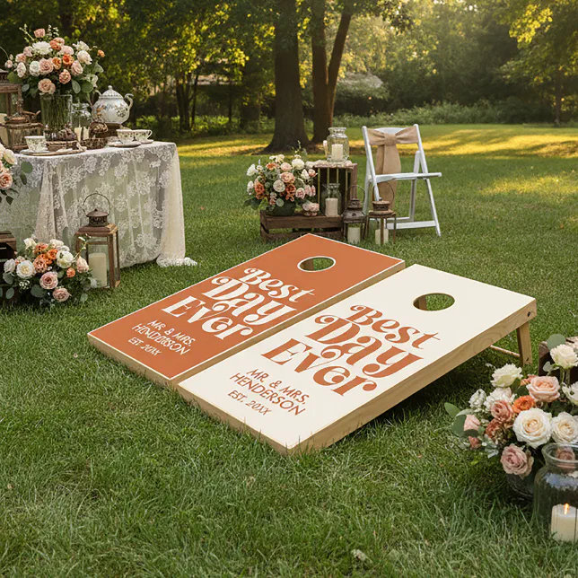 Retro Best Day Ever Wedding Cornhole Set | Zazzle