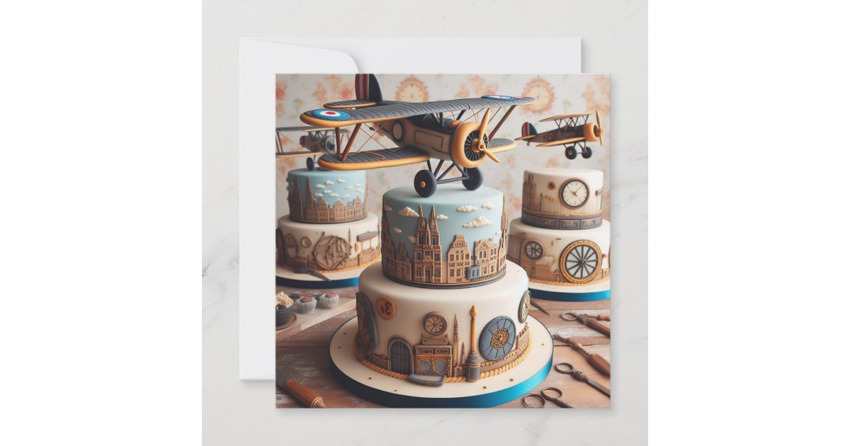 RETRO BIPLANE THEMED BIRTHDAY CAKE INVITATION | Zazzle