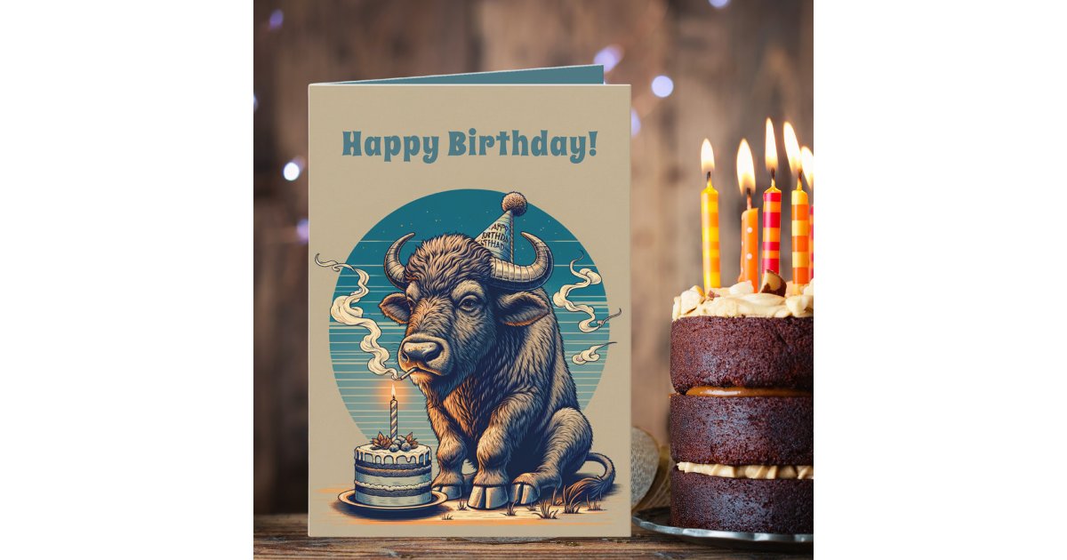 Retro Bison Buffalo Happy Birthday Card | Zazzle