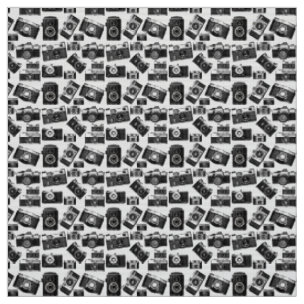 Black and White Retro Photographer Camera Pattern Fabric | Zazzle