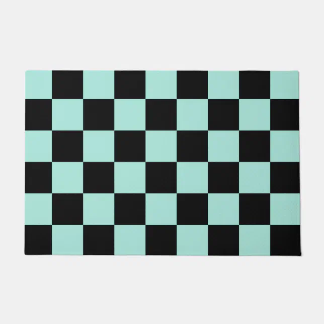 Retro Black Blue Checks Checkerboard Pattern Doormat | Zazzle