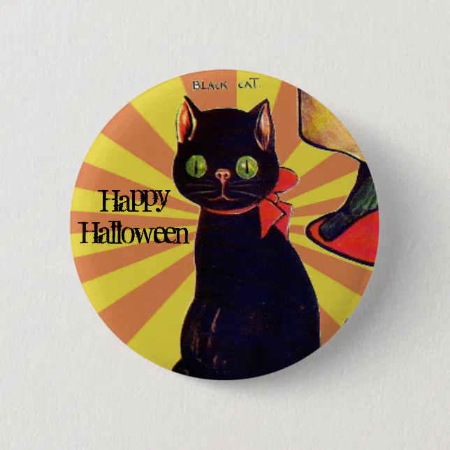 Retro Black Cat Halloween Button | Zazzle