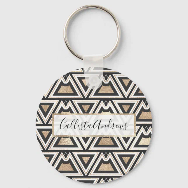 Retro Black Gold White Triangle Geometric Keychain | Zazzle