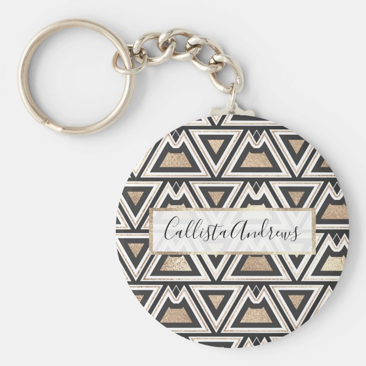 Retro Black Gold White Triangle Geometric Keychain | Zazzle