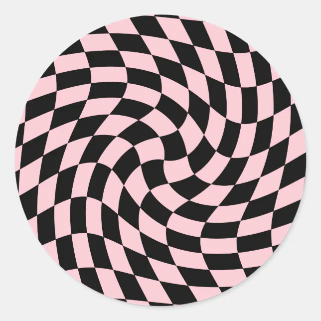 Retro Black Pink Pastel Warped Checks Checkered Classic Round Sticker ...