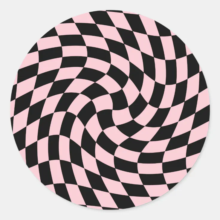 Retro Black Pink Pastel Warped Checks Checkered Classic Round Sticker ...