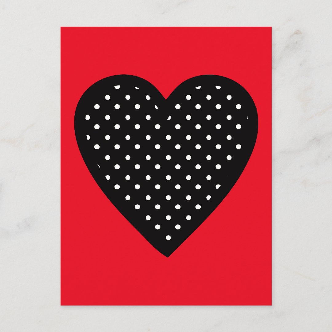 Retro Black Polka Dot Heart on Red Background Postcard | Zazzle