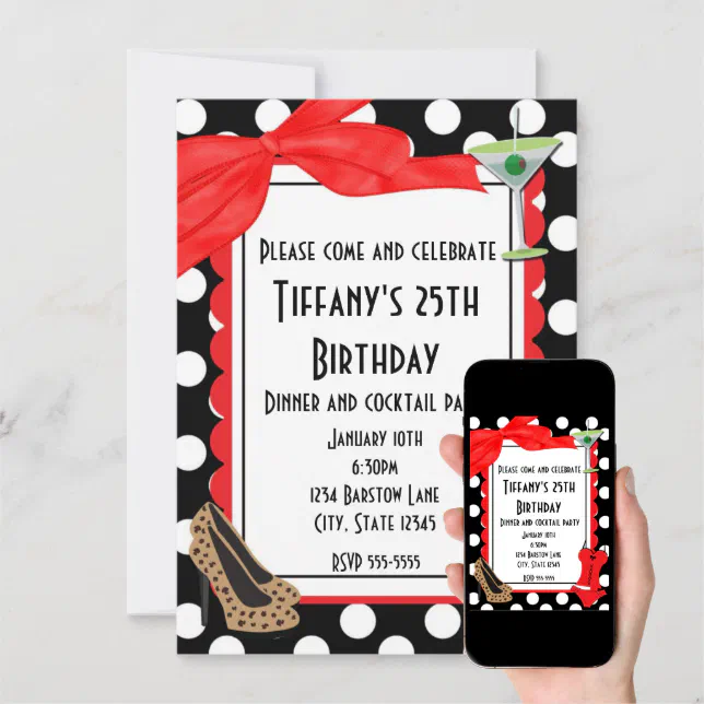 Retro black polka dot party cocktail invitation | Zazzle