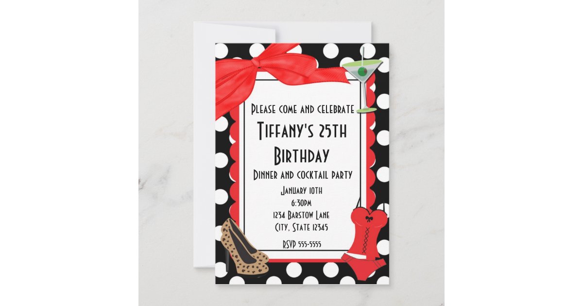 Retro black polka dot party cocktail invitation | Zazzle