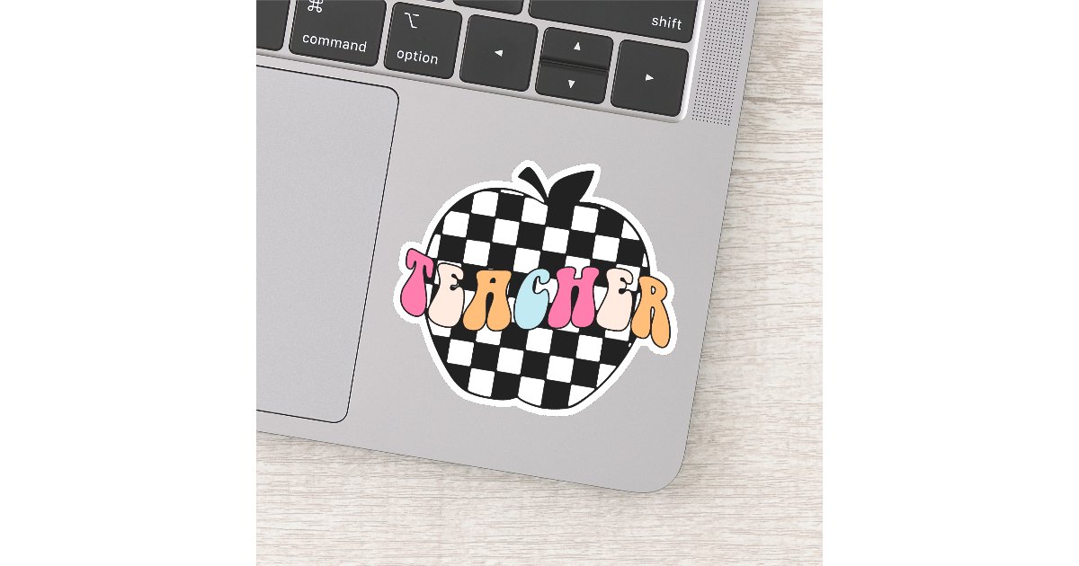 Retro Black & White Checkered Apple Teacher Vinyl Sticker | Zazzle
