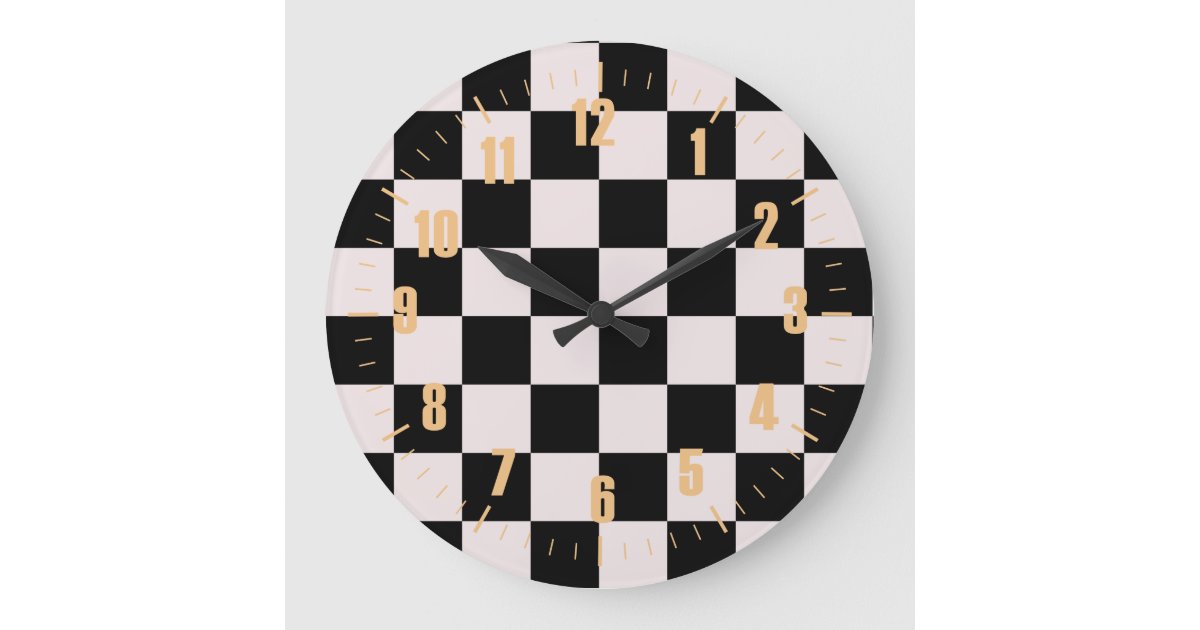 Retro Black White Checks Checkerboard Pattern Large Clock | Zazzle