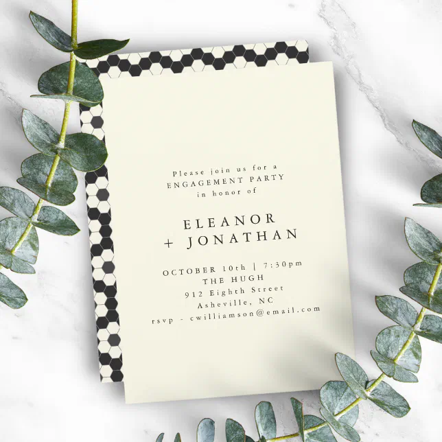 Retro Black White Geometric Tile Engagement Party Invitation | Zazzle