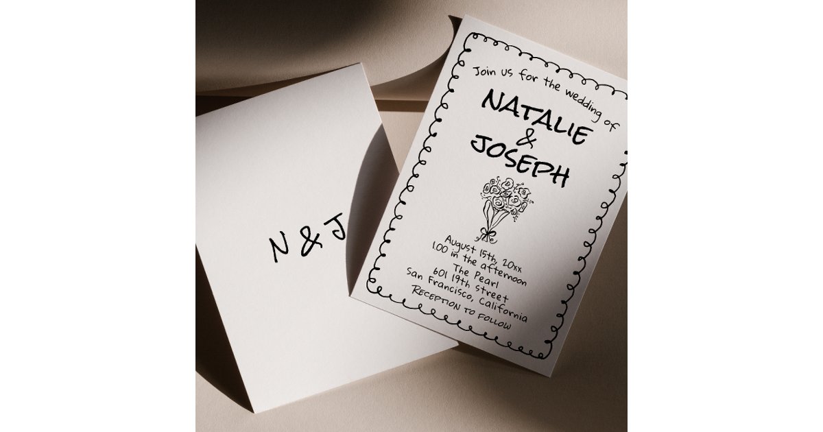 Retro Black White Hand Drawn Funky Quirky Wedding Invitation | Zazzle