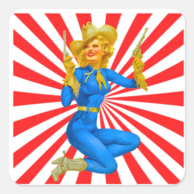 Retro Blonde Pin-up Girl in Western Boots Square Sticker | Zazzle