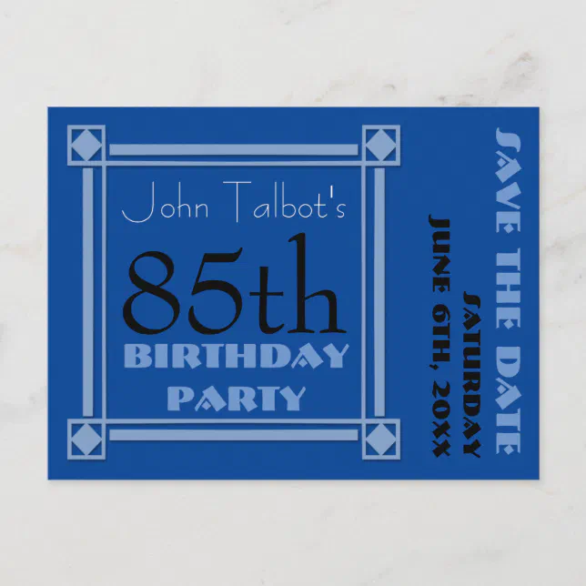 Retro Blue 85th birthday Party Save the Date P Announcement Postcard ...