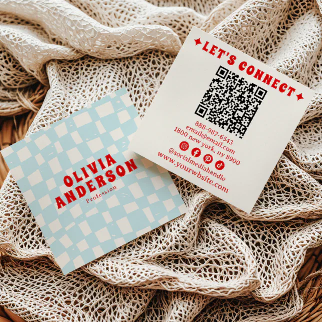 Retro Blue Bold Groovy QR Code Checkered Trendy Square Business Card ...