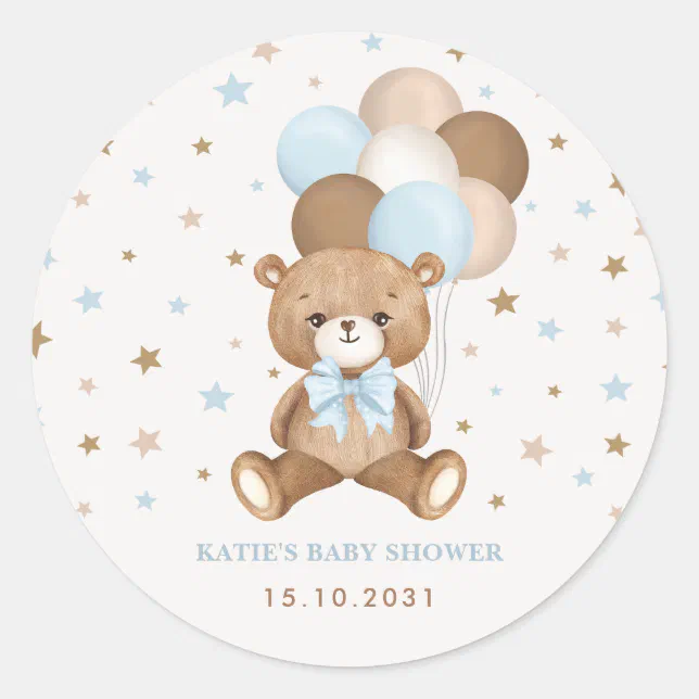 Retro Blue Brown Teddy Bear Balloons Baby Boy Classic Round Sticker ...