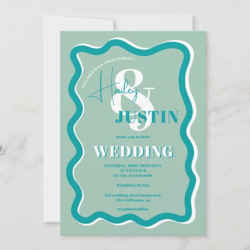 Retro blue curve squiggle wavy wedding photo invitation | Zazzle