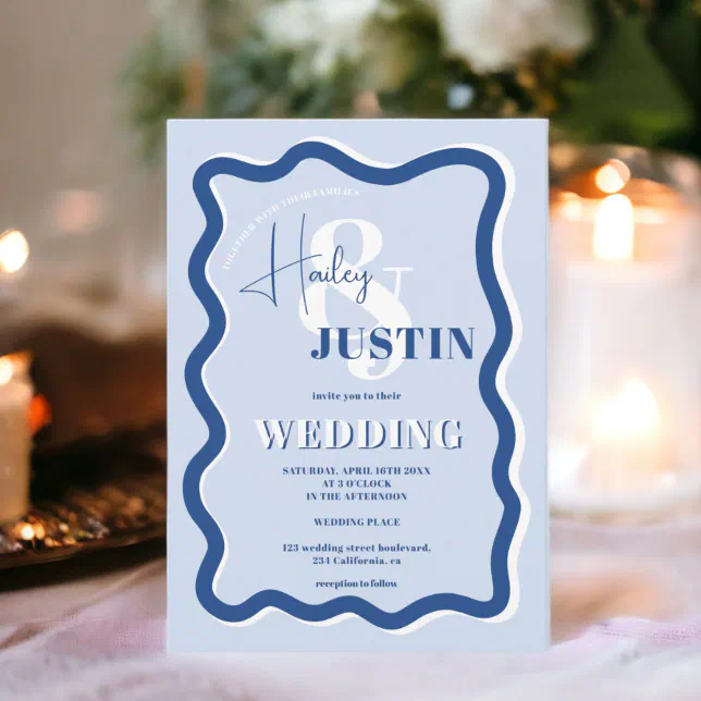 Retro blue curve squiggle wavy wedding photo invitation | Zazzle