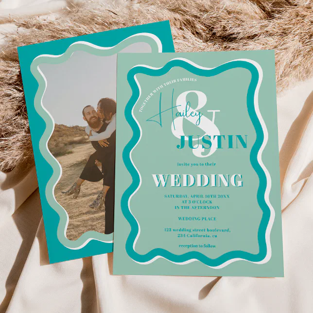 Retro blue curve squiggle wavy wedding photo invitation | Zazzle