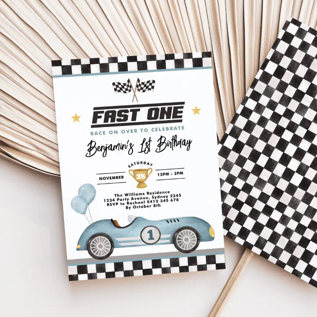 Retro Blue Fast One Race Car Boy 1st Birthday Invitation | Zazzle