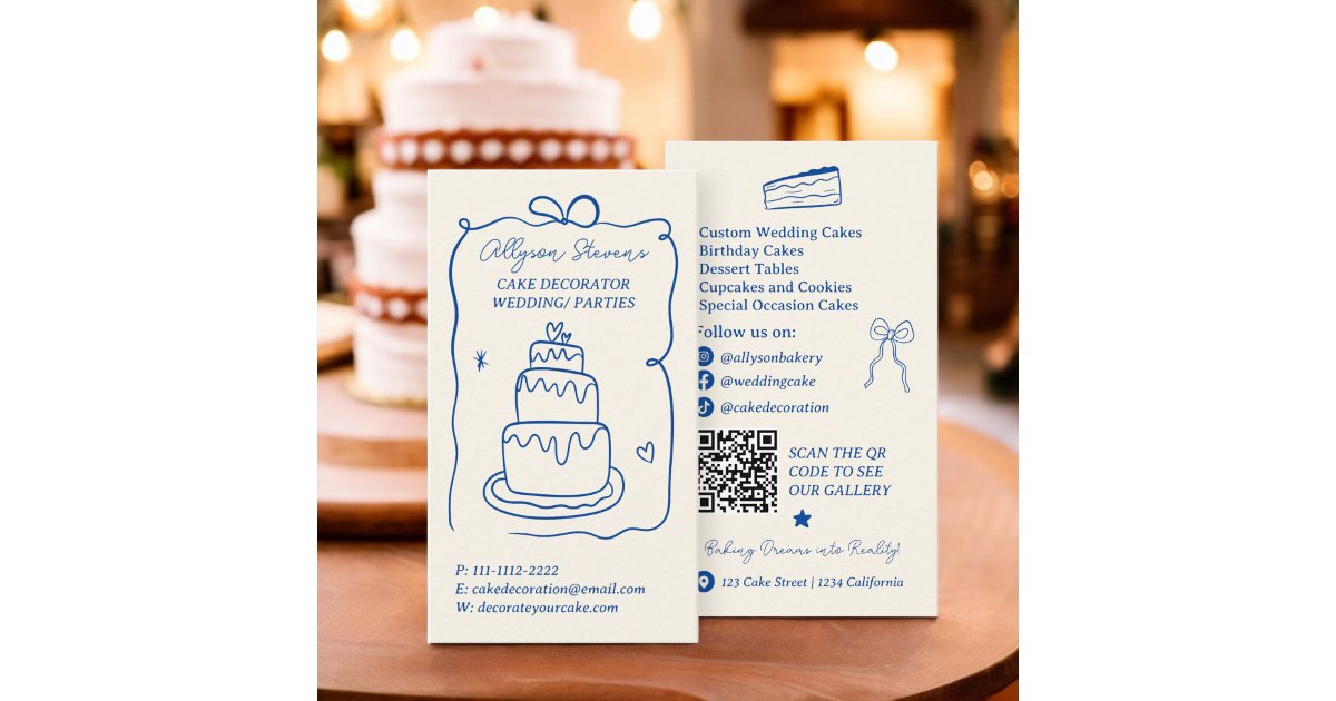Retro blue French Scribbles cake decorator qr code Business Card | Zazzle