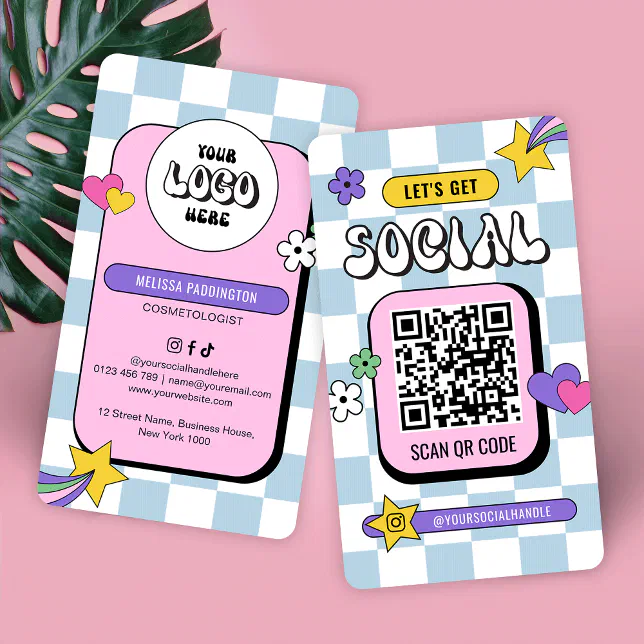 Retro Blue Groovy Logo Social Media QR Code Business Card | Zazzle