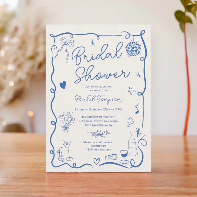 Retro blue hand drawn illustrated bridal shower invitation | Zazzle