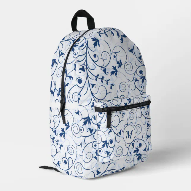 Retro Blue Leaf Swirl Pattern Monogram Printed Backpack | Zazzle