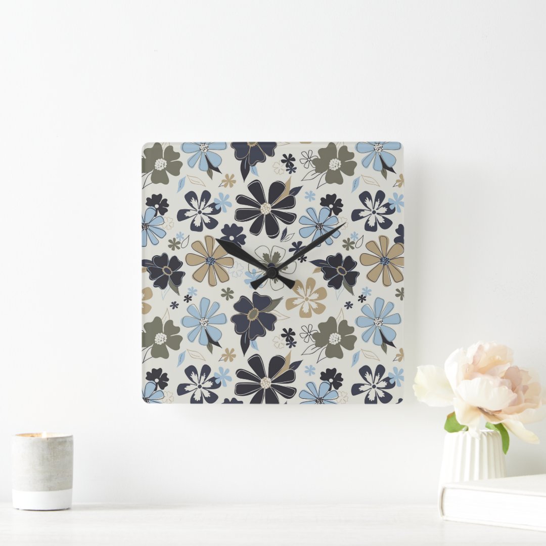 Retro Blue Outlined Patterned Flowers Square Wall Clock | Zazzle