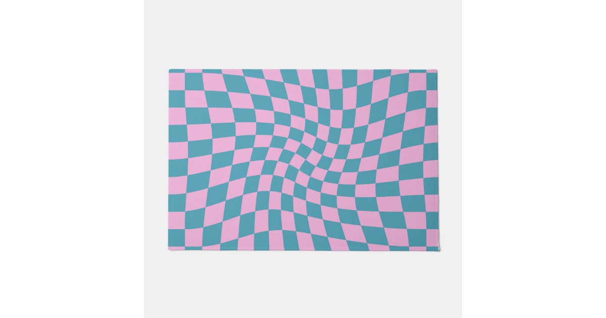 Retro Blue Pink Warped Checkerboard Checkered Doormat | Zazzle