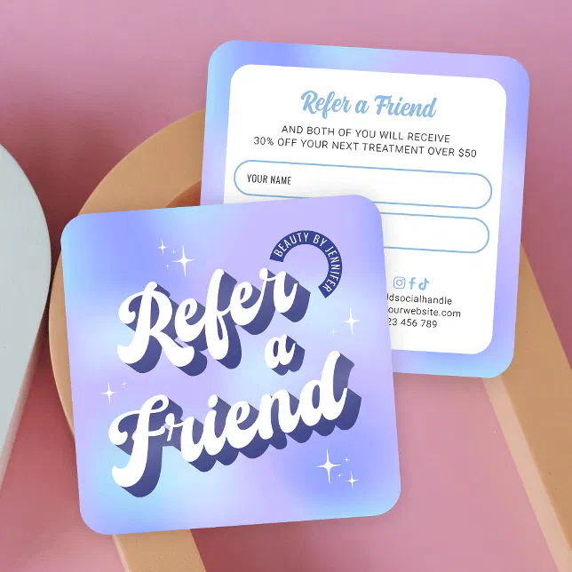 Retro Blue Purple Logo Refer a Friend Beauty Salon Referral Card | Zazzle