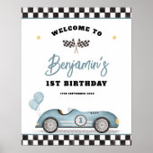 Retro Blue Race Car Fast One Birthday Welcome Poster | Zazzle