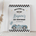Retro Blue Race Car Fast One Birthday Welcome Poster | Zazzle