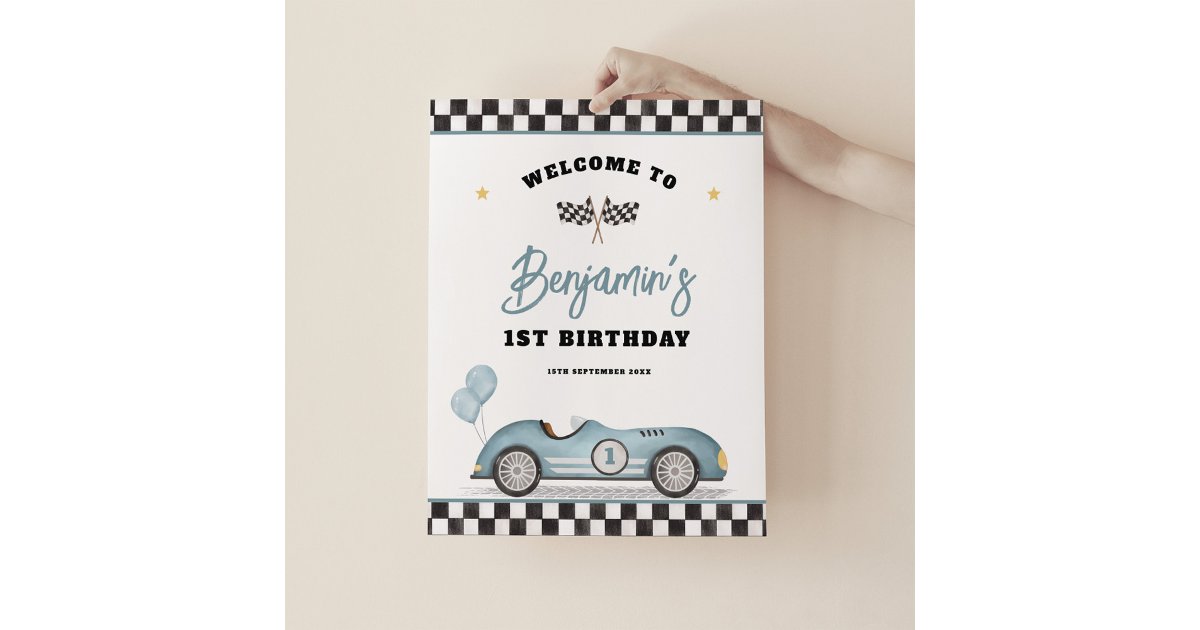 Retro Blue Race Car Fast One Birthday Welcome Poster | Zazzle
