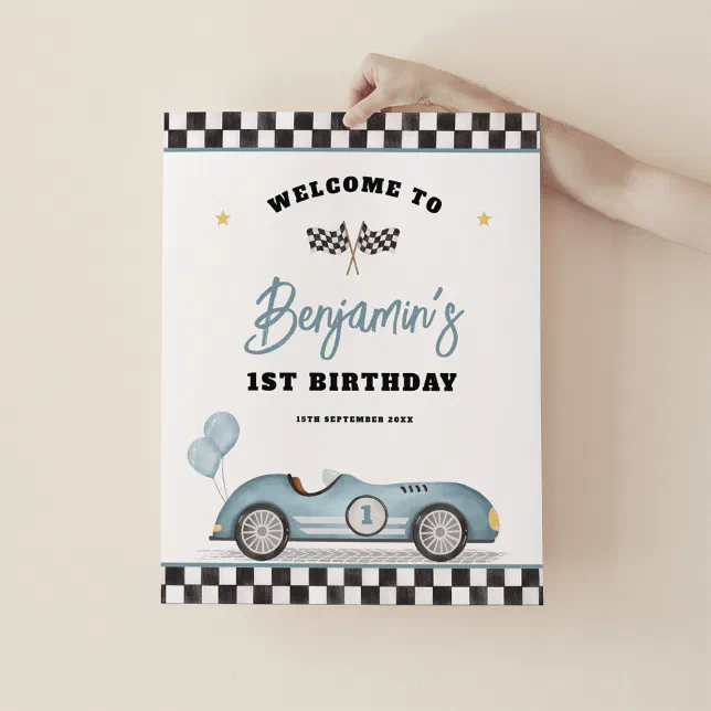 Retro Blue Race Car Fast One Birthday Welcome Poster | Zazzle
