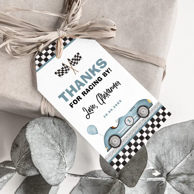 Retro Blue Race Car Fast One Boy Birthday Favors Gift Tags | Zazzle