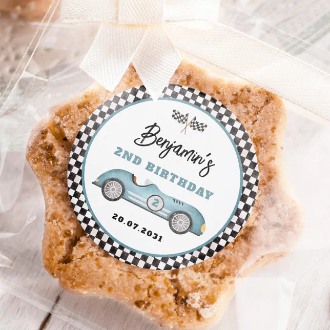 Retro Blue Race Car Two Fast Boy 2nd Birthday Classic Round Sticker ...