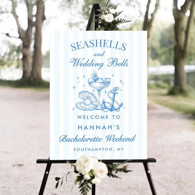 Retro Blue Seashells & Wedding Bell Welcome Sign | Zazzle