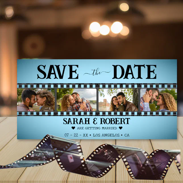 Retro Blue Vignette Photo Collage Film Strip Save The Date | Zazzle