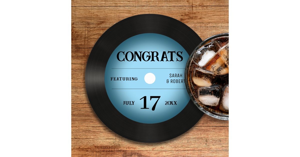 Retro Blue Vinyl Record Wedding Congratulations Round Paper Coaster ...