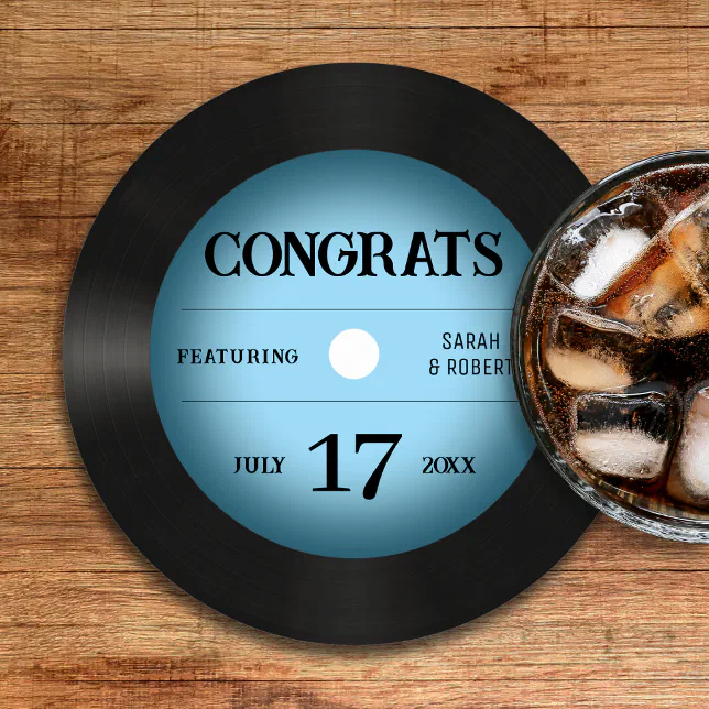 Retro Blue Vinyl Record Wedding Congratulations Round Paper Coaster ...