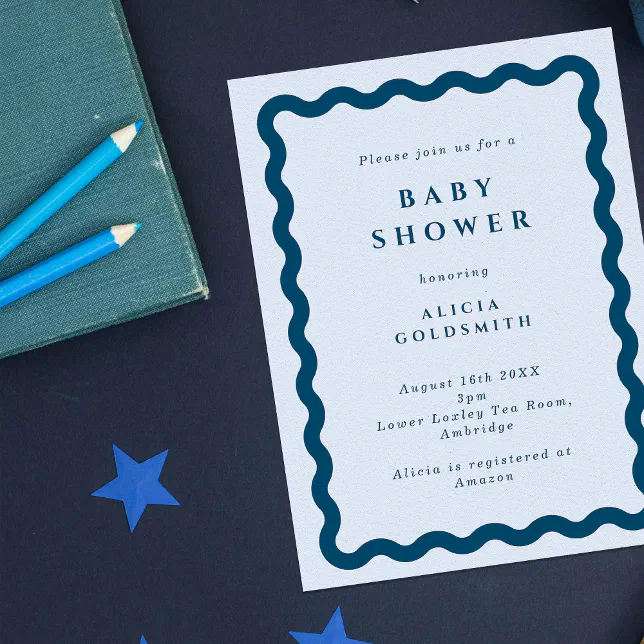 Retro Blue Wavy Frame Baby Shower Invitation | Zazzle