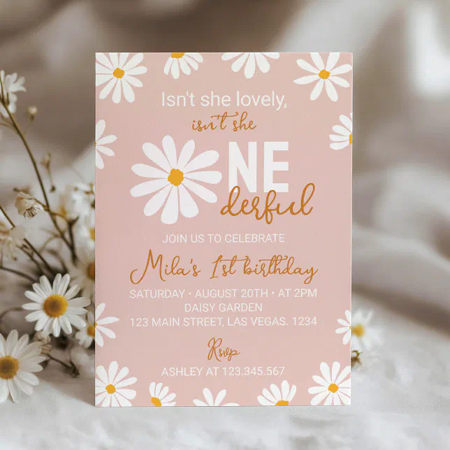 Retro Blush Pink Daisy First Birthday Invitation | Zazzle