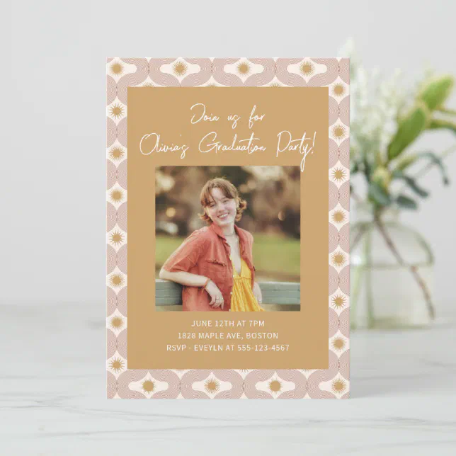 Retro Bohemian Sun Sunburst Photo Graduation Party Invitation | Zazzle