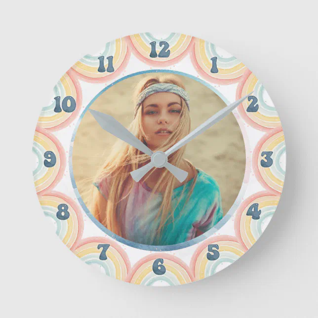 Retro Bohemian Watercolor Rainbows Custom Photo Round Clock | Zazzle