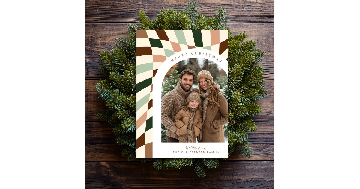 Retro Boho Checkered Photo Christmas Card | Zazzle
