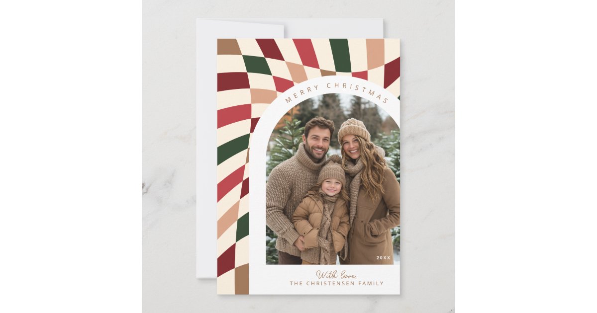 Retro Boho Checkered Photo Christmas Card | Zazzle