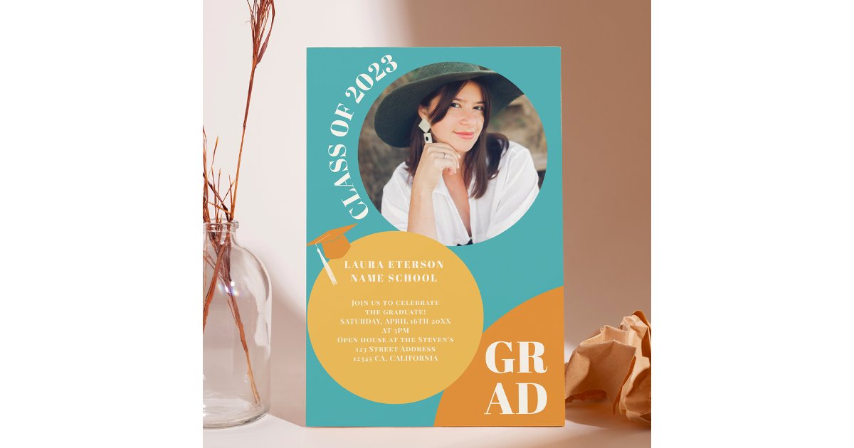 Retro boho circle blue mustard 5 photos graduation invitation | Zazzle