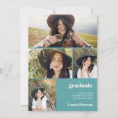 Retro boho circle blue mustard 5 photos graduation invitation | Zazzle